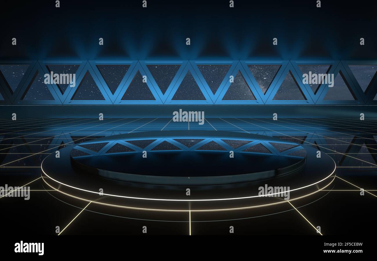 Dark outer space room with empty stage, 3d rendering. Computer digital ...
