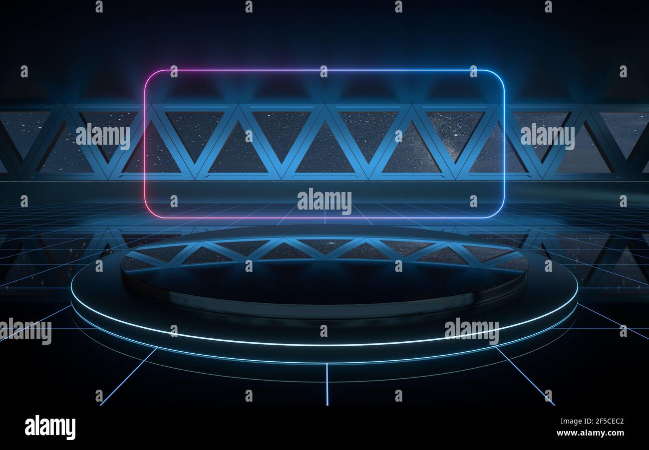 Dark outer space room with empty stage, 3d rendering. Computer digital ...