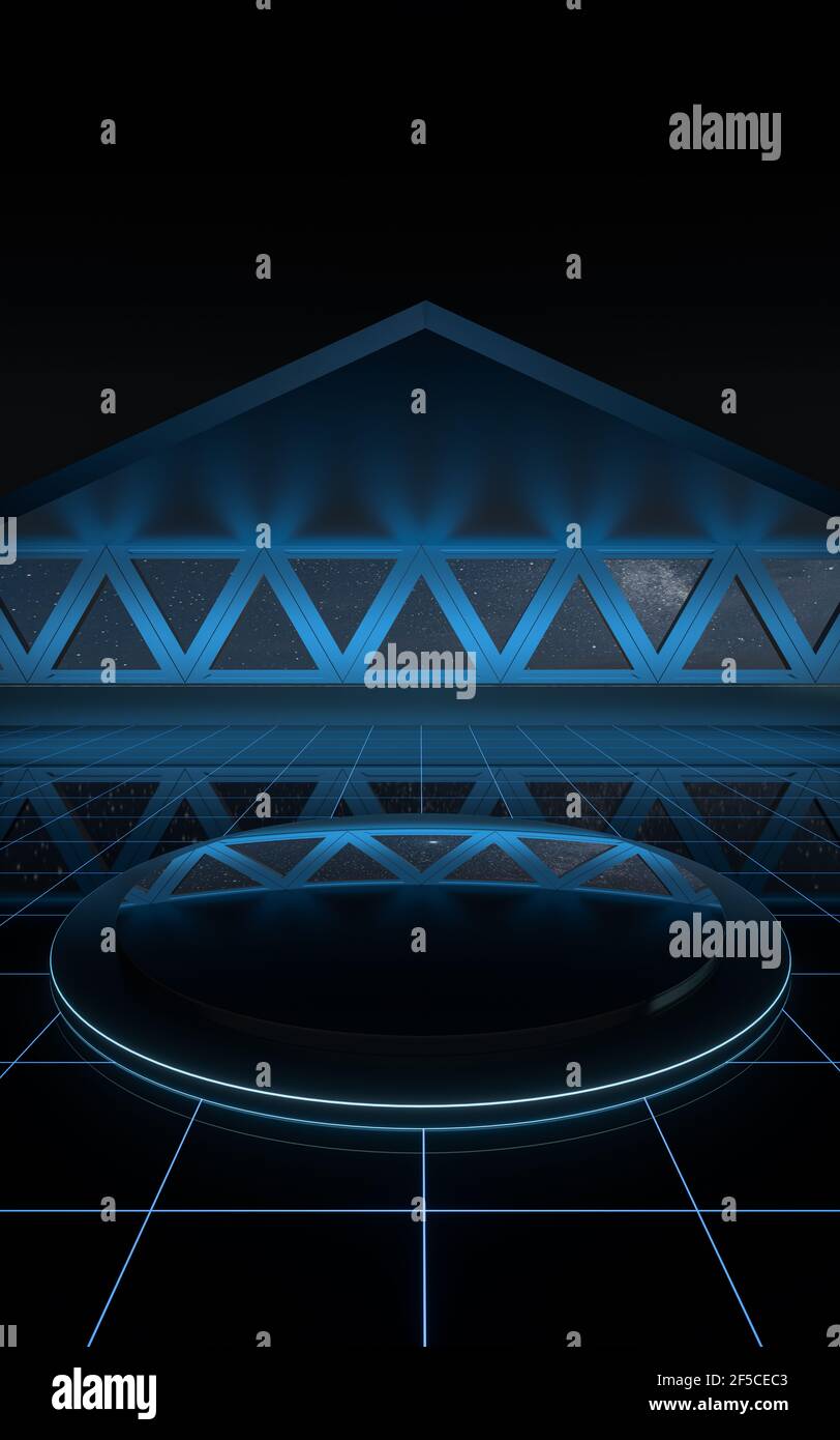 Dark outer space room with empty stage, 3d rendering. Computer digital ...
