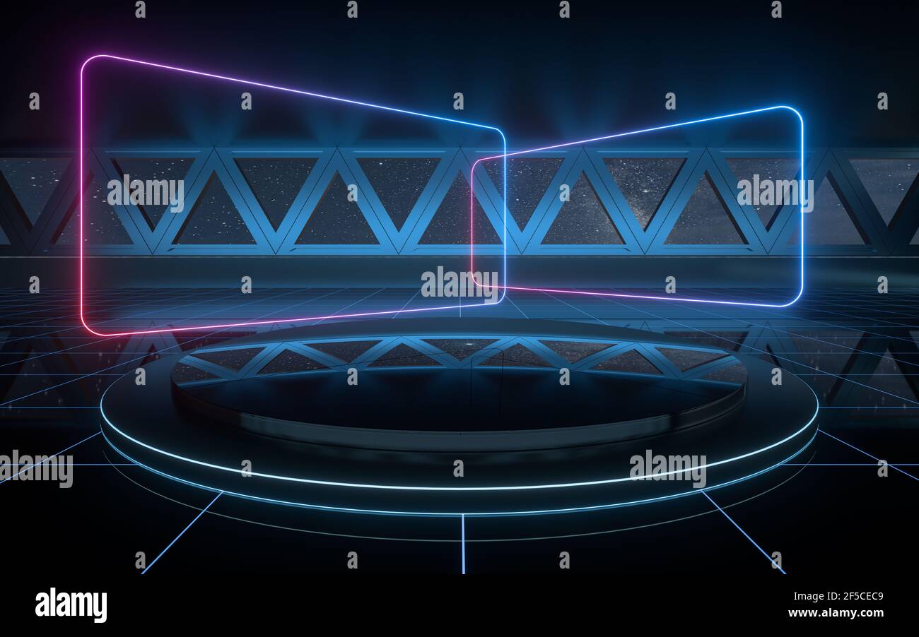 Dark outer space room with empty stage, 3d rendering. Computer digital ...