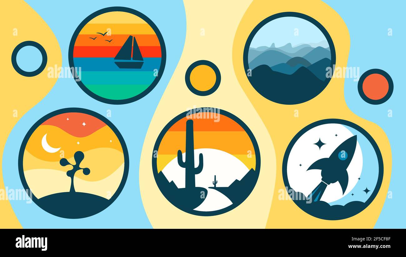 Cartoon travel circles with different activities background vector ...