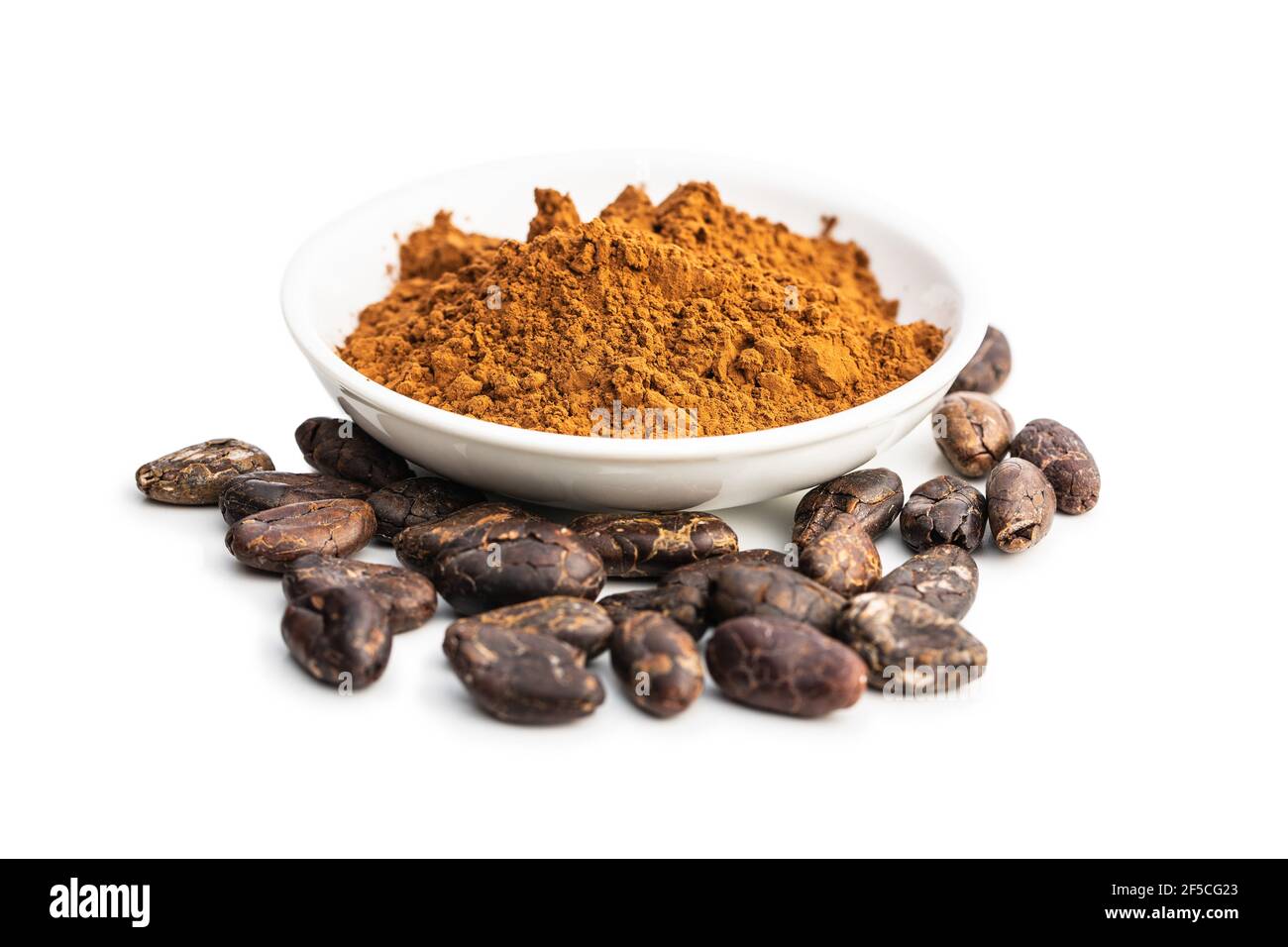 Roasted cocoa beans and cocoa powder isolated on white background Stock ...