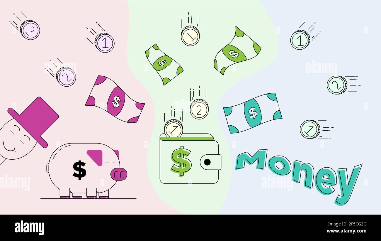 Doodle money finance coins and banknotes flow on white background ...