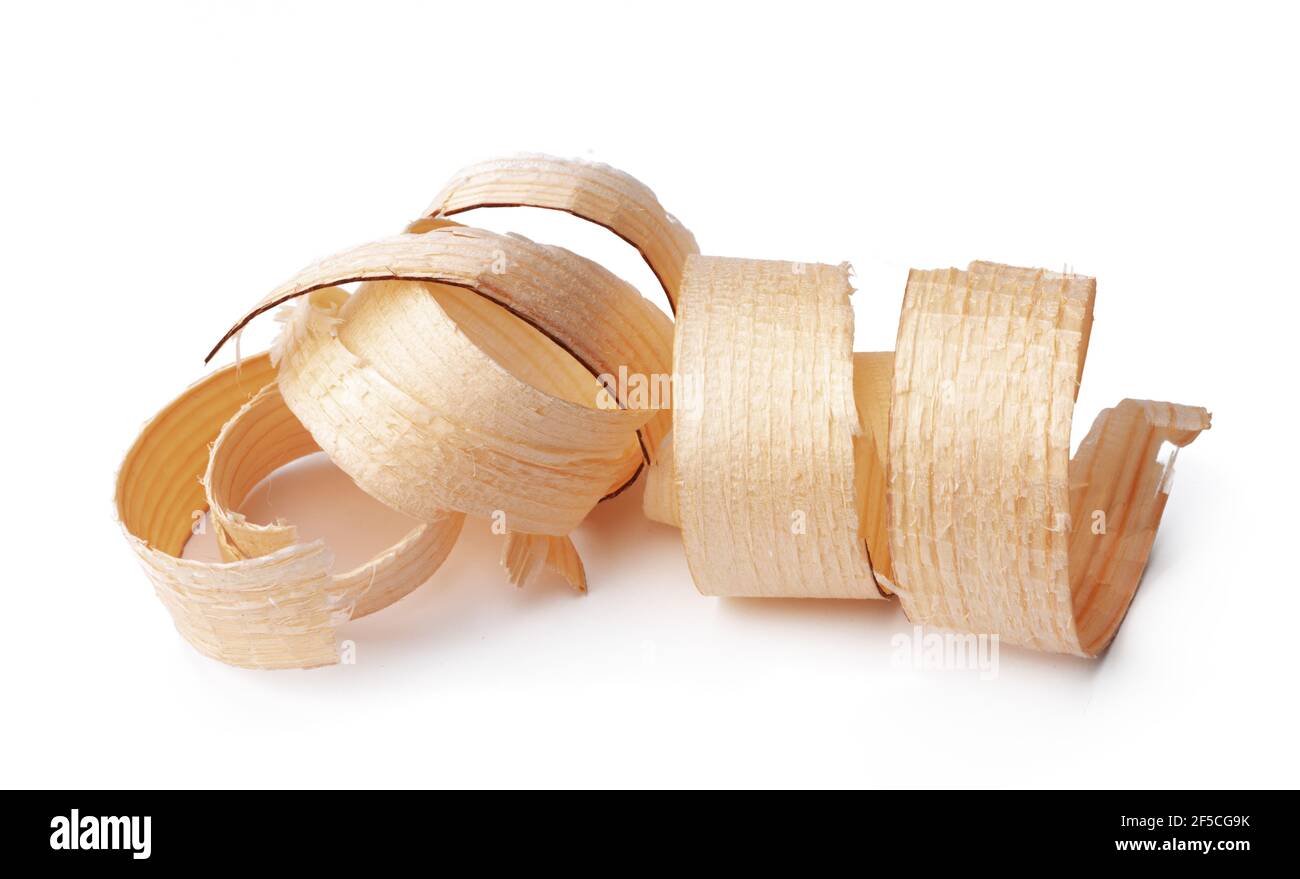 Wood shavings isolated on white background Stock Photo - Alamy