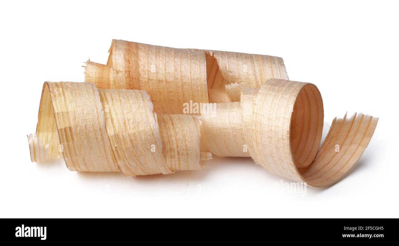 Wood shavings isolated on white background Stock Photo - Alamy