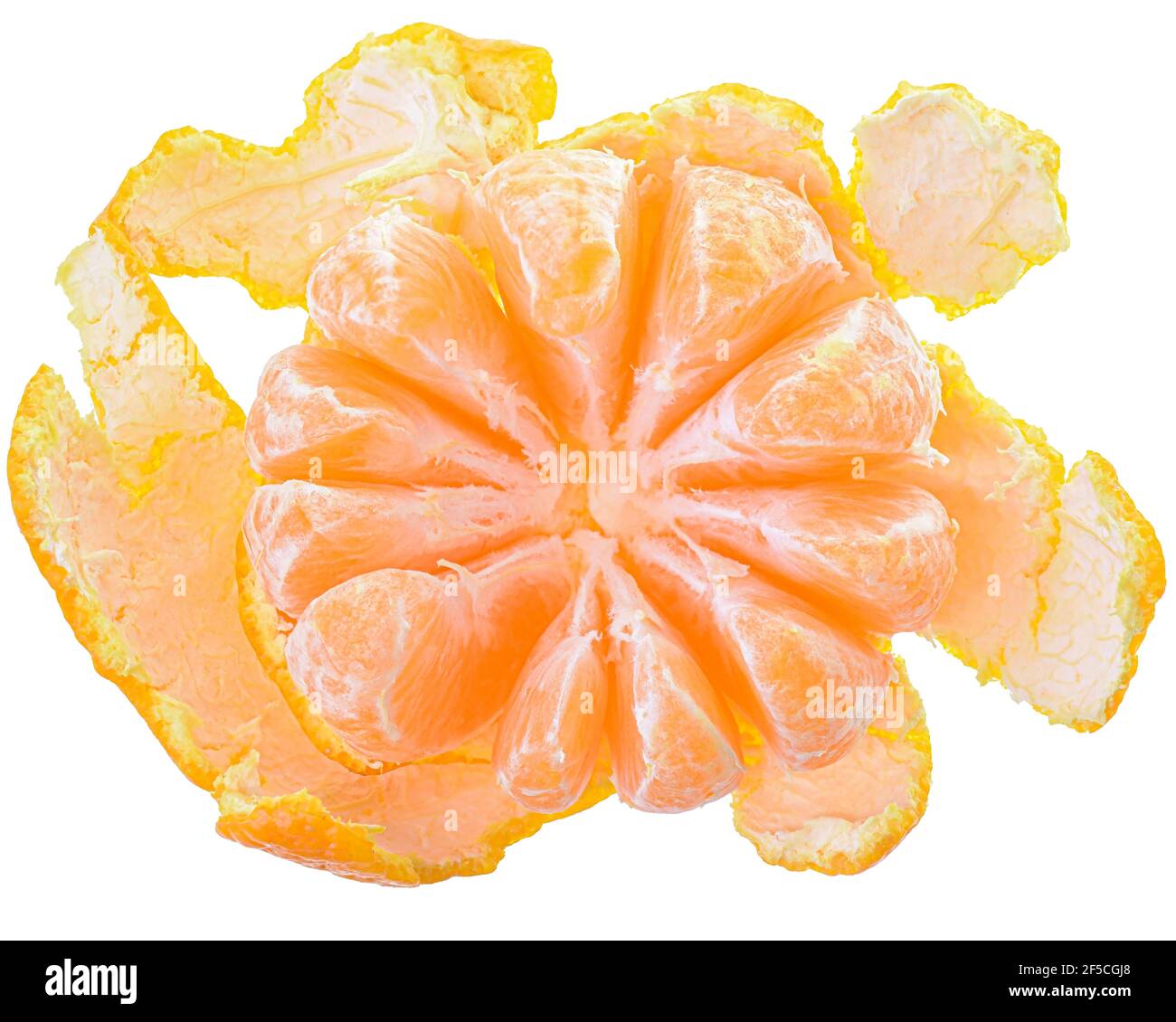 Ripe cut and slice tangerines top view isolated on a white background ...