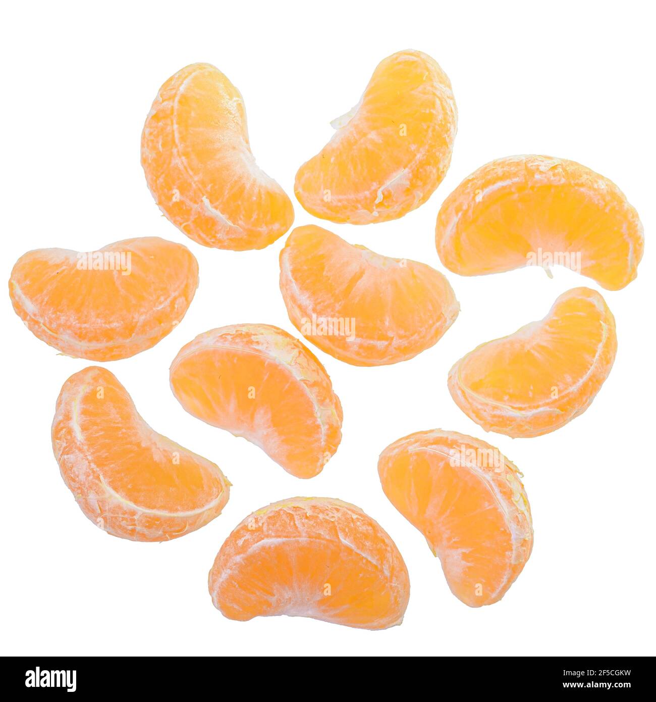 Ripe cut and slice tangerines top view isolated on a white background ...