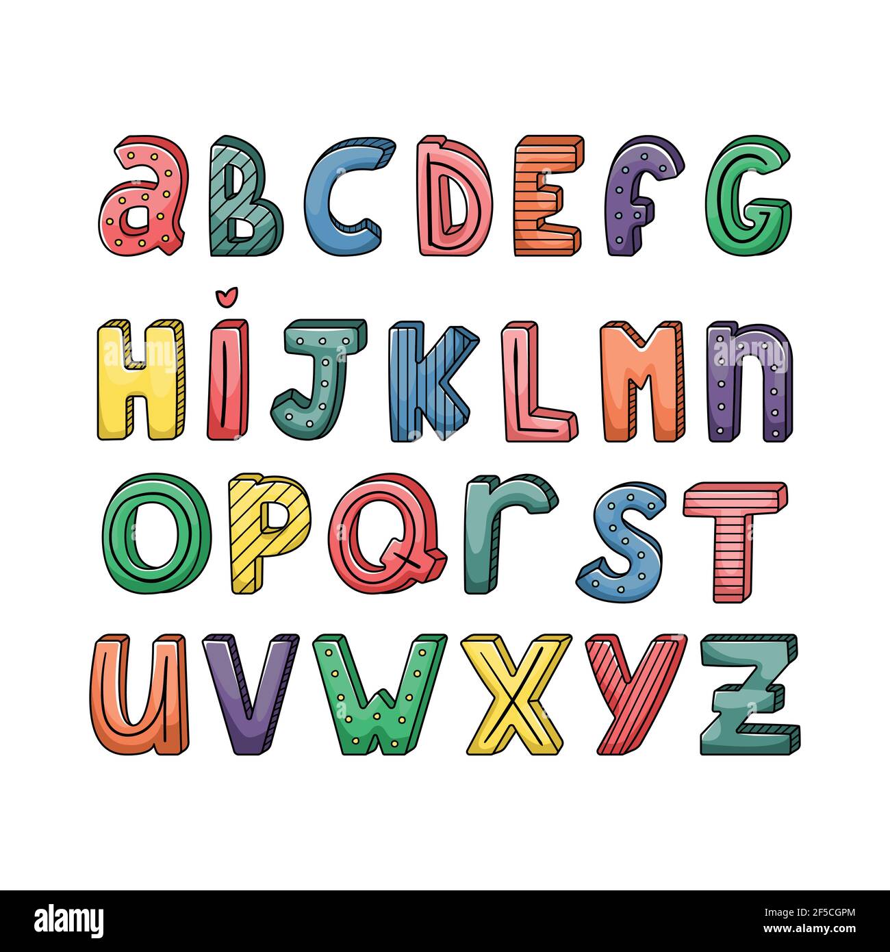 Vector English alphabet with hand-drawn letters with stripes and dots ...