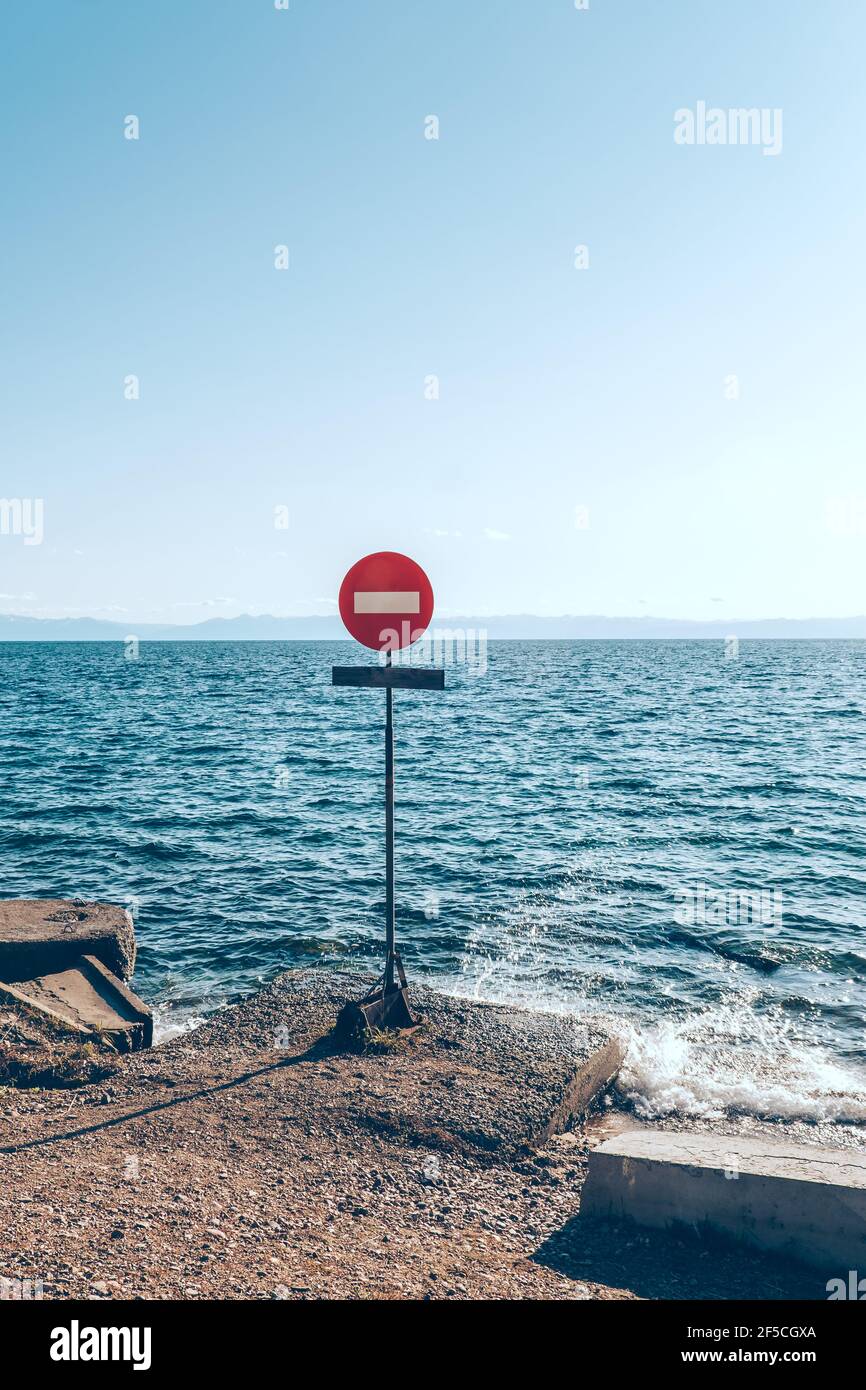 The movement of vehicles is prohibited. Road sign at the exit from the ...
