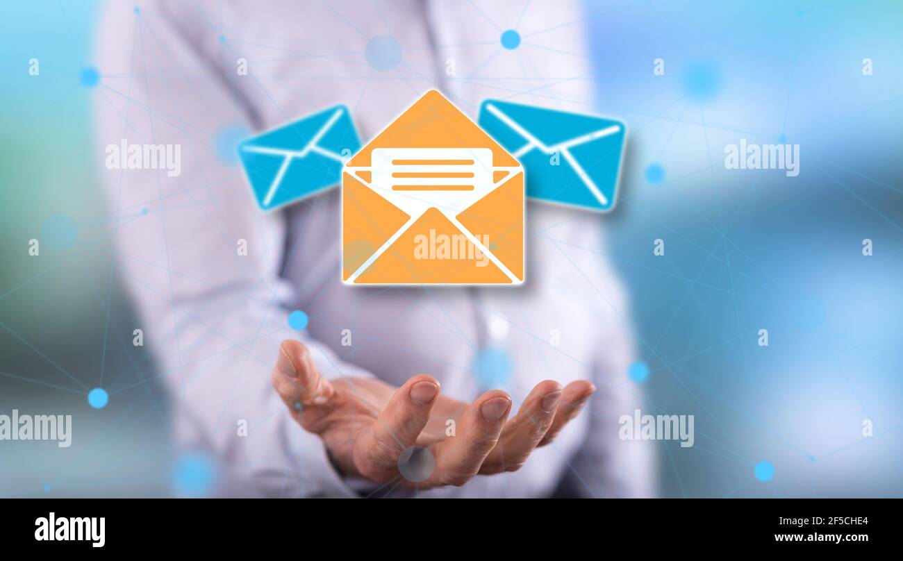 Message concept above the hand of a man in background Stock Photo - Alamy