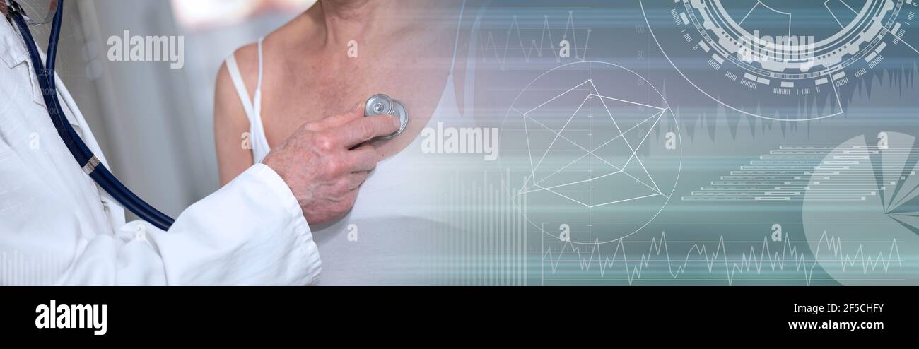 Doctor auscultating his patient with stethoscope; panoramic banner ...