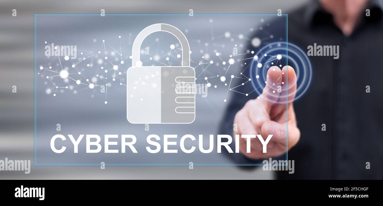 Man touching a cyber security concept on a touch screen with his ...