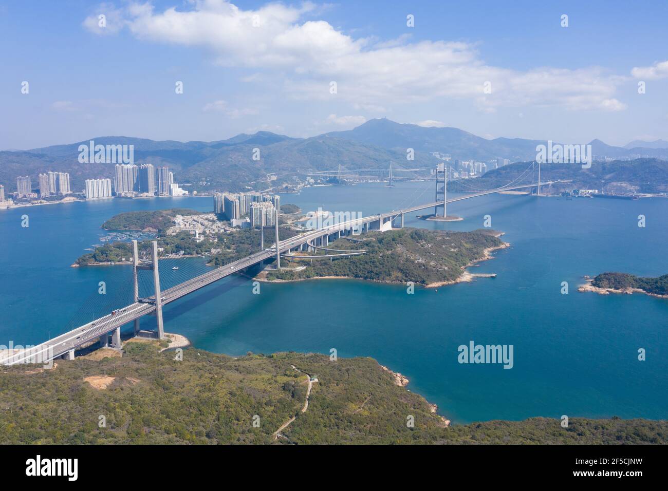 Epic panorama aerial view of Tsing Ma Bridge, the famous span ...