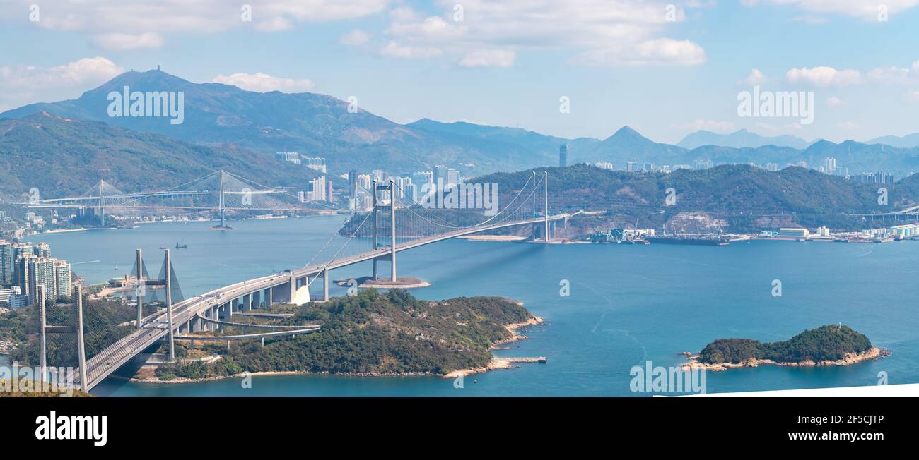 Epic panorama aerial view of Tsing Ma Bridge, the famous span ...