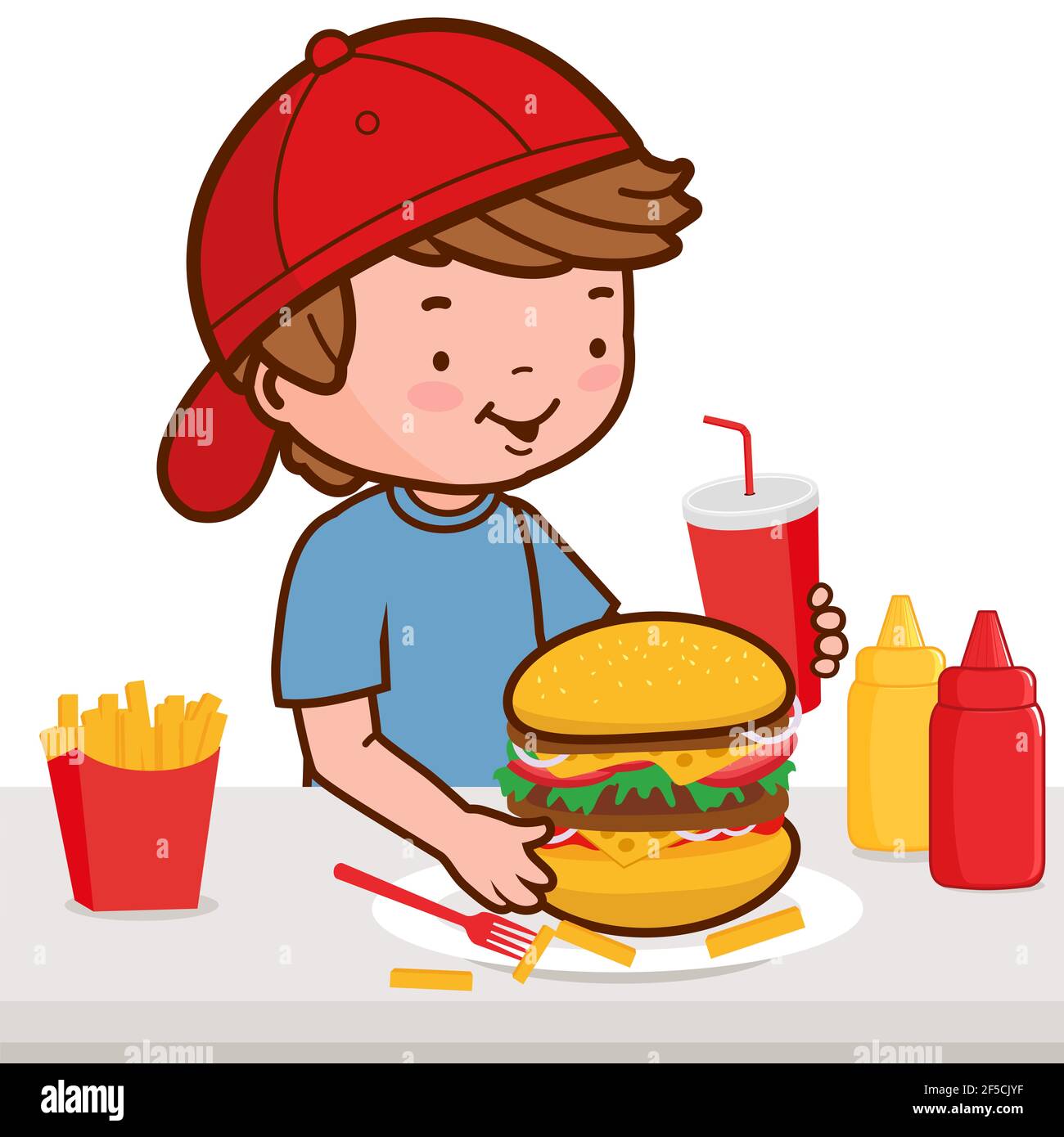Kid boy eating a hamburger at a restaurant. Child having a fast food ...