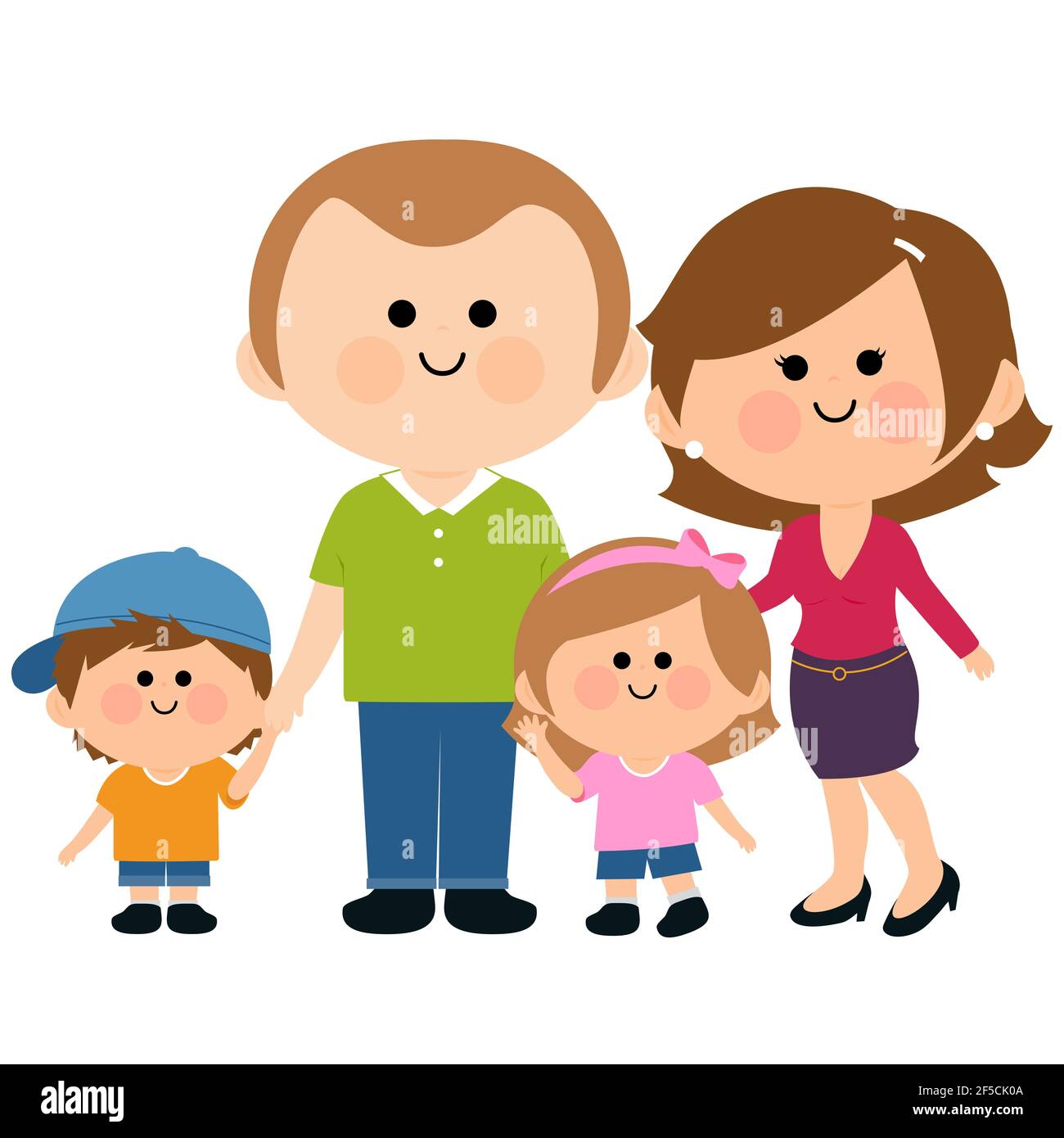 A happy family. Two parents and their children, a girl and a boy. A ...