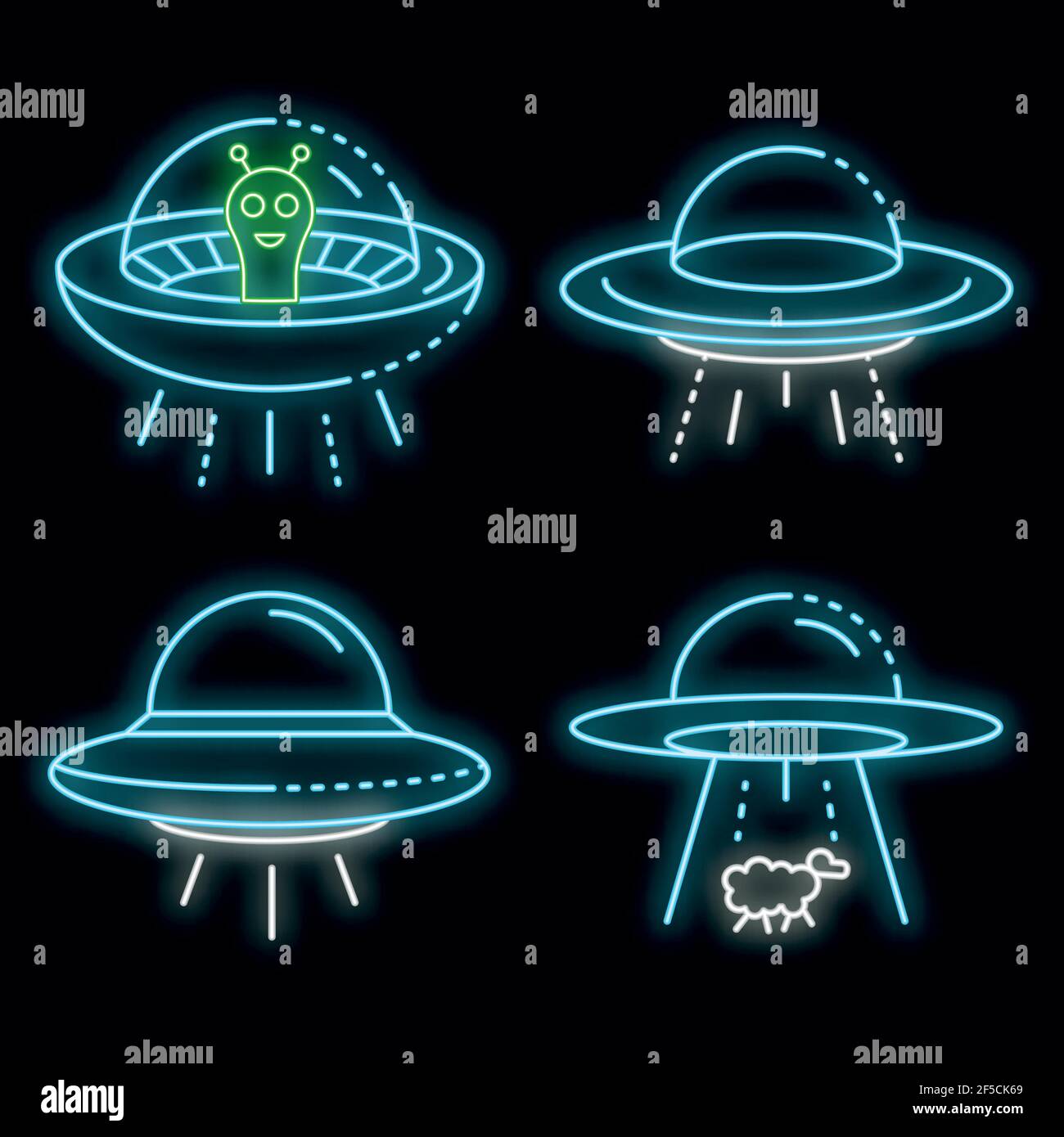 UFO icons set. Outline set of UFO vector icons neon color on black ...