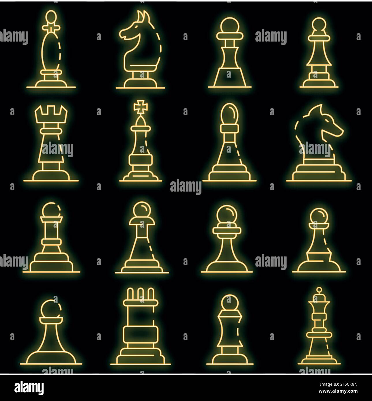 Chess icons set. Outline set of Chess vector icons neon color on black ...