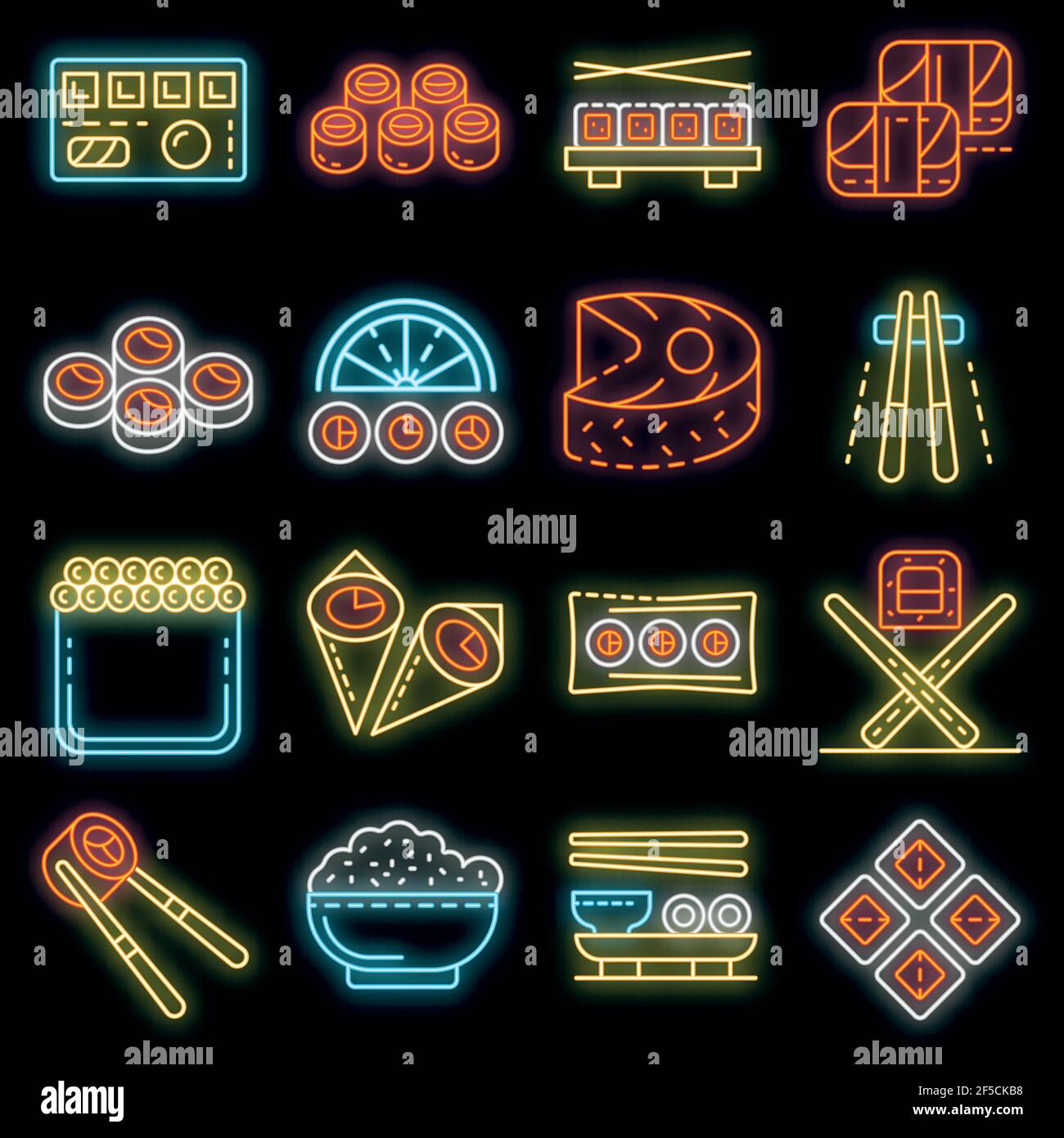 Sushi roll icons set. Outline set of sushi roll vector icons neon color ...