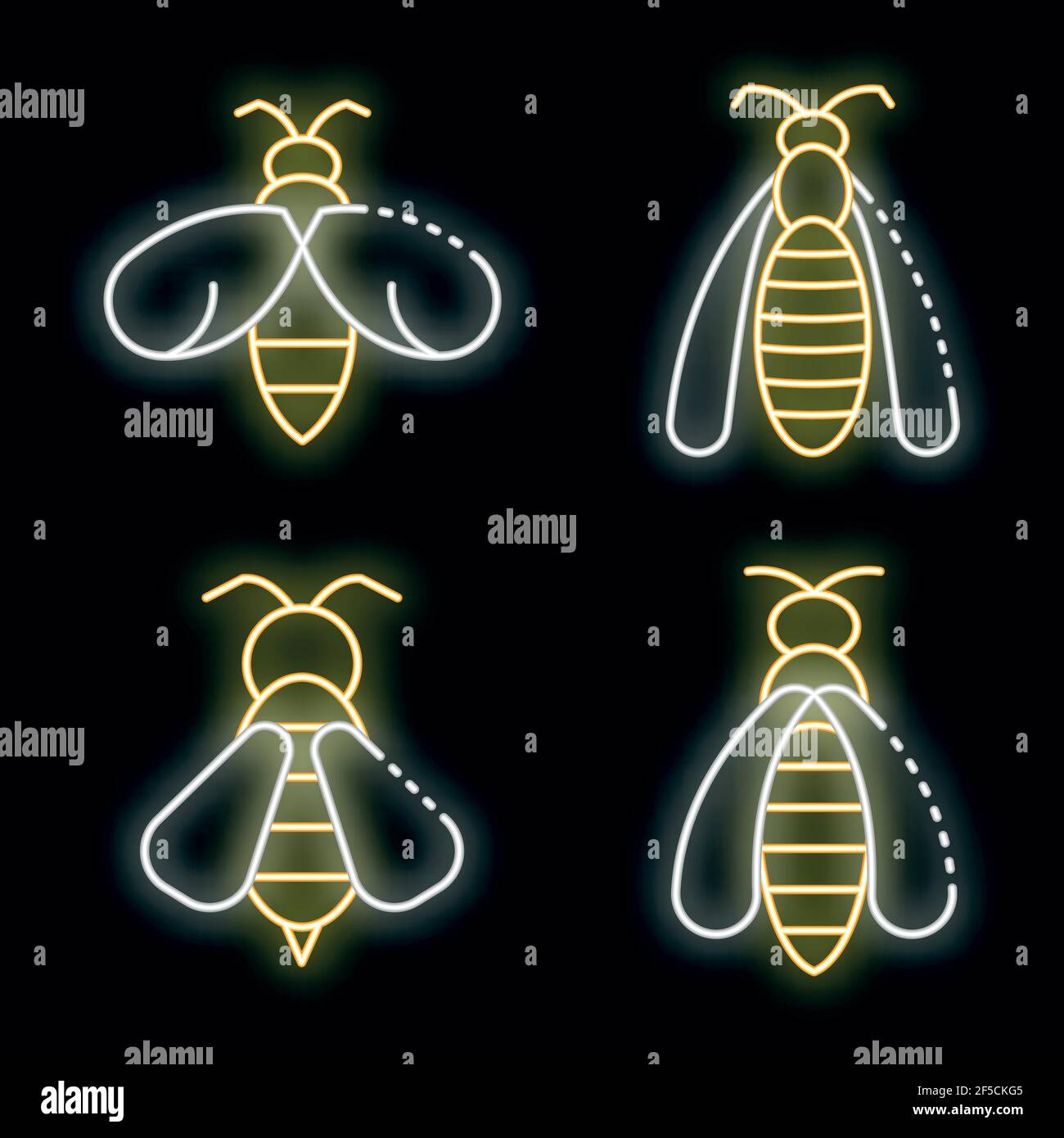 Wasp icons set. Outline set of wasp vector icons neon color on black ...