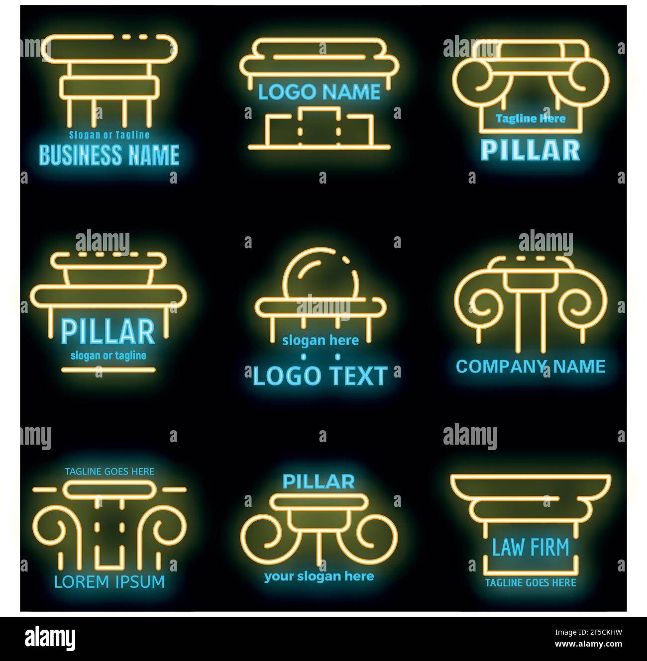 Pillar icons set. Outline set of pillar vector icons neon color on ...