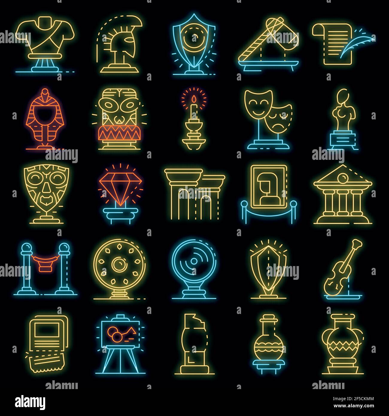 Museum icons set. Outline set of museum vector icons neon color on ...