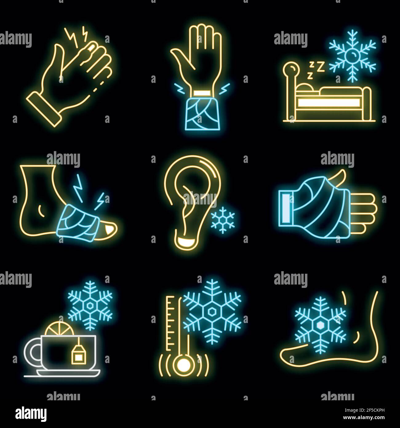 Frostbite icons set. Outline set of frostbite vector icons neon color ...