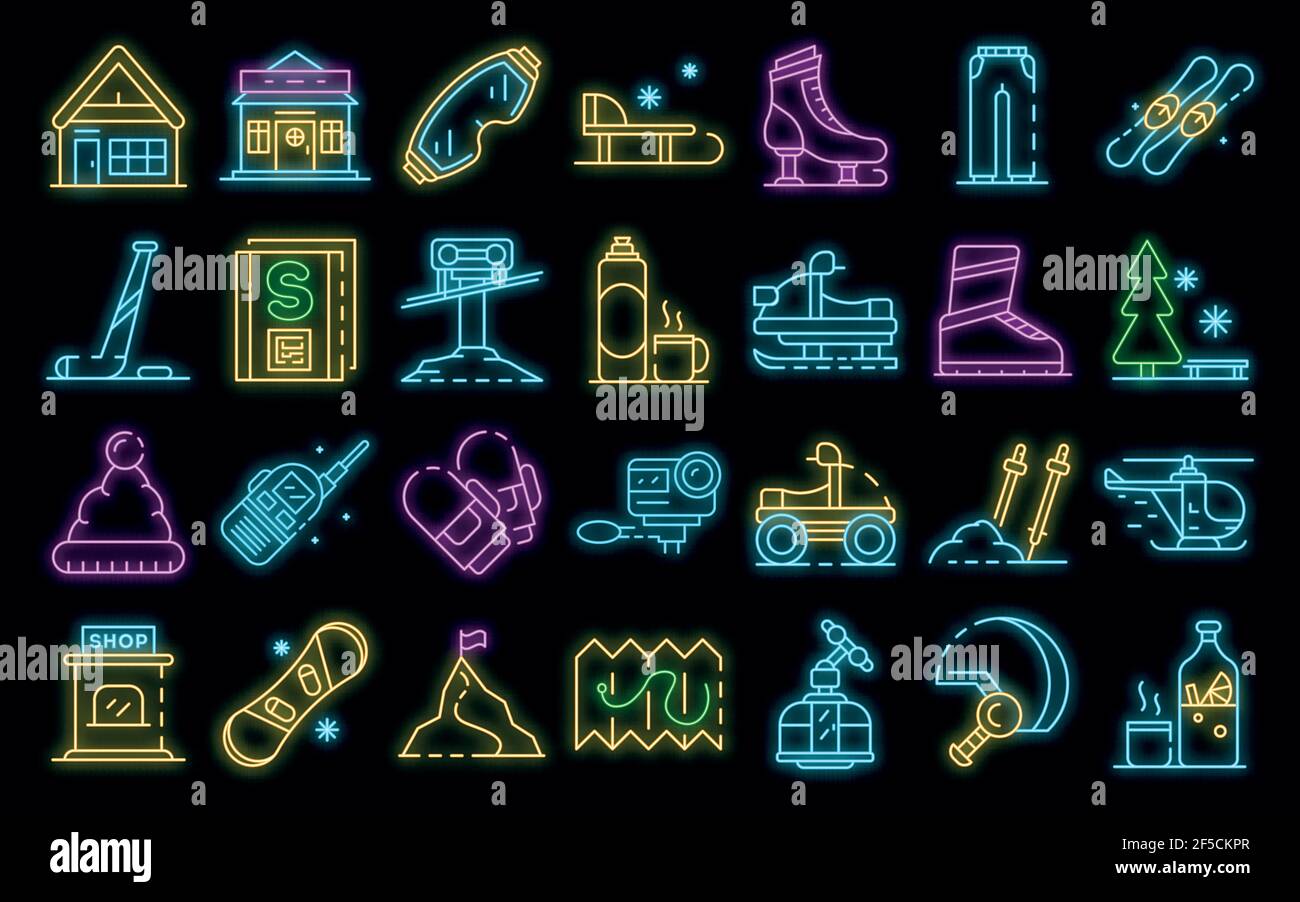 Ski resort icons set. Outline set of ski resort vector icons neon color ...