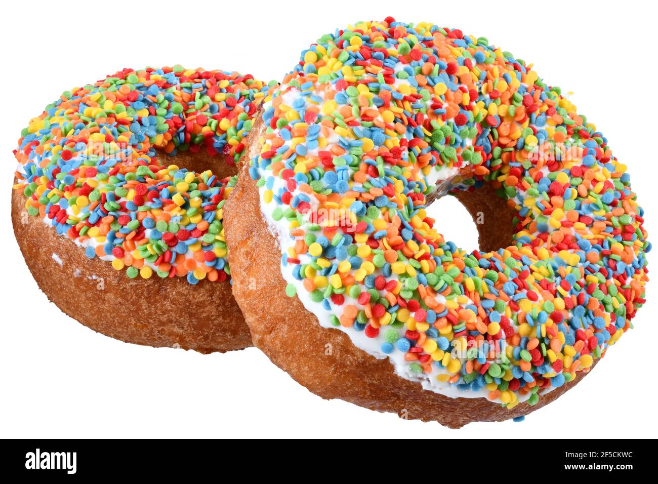 Two donut in a multicolored confectionery dressing isolated on a white ...