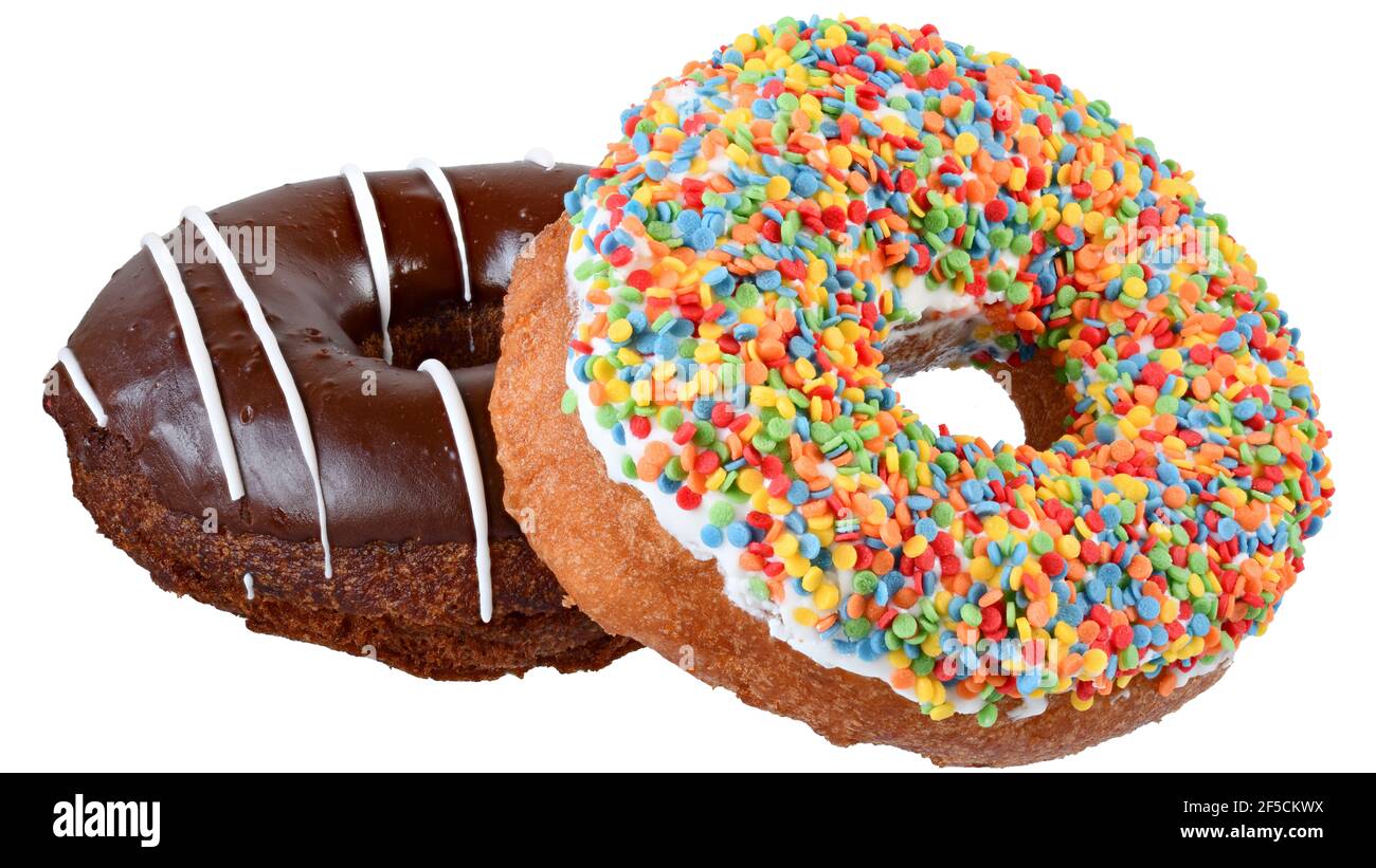 Two donut in a multicolored confectionery dressing isolated on a white ...