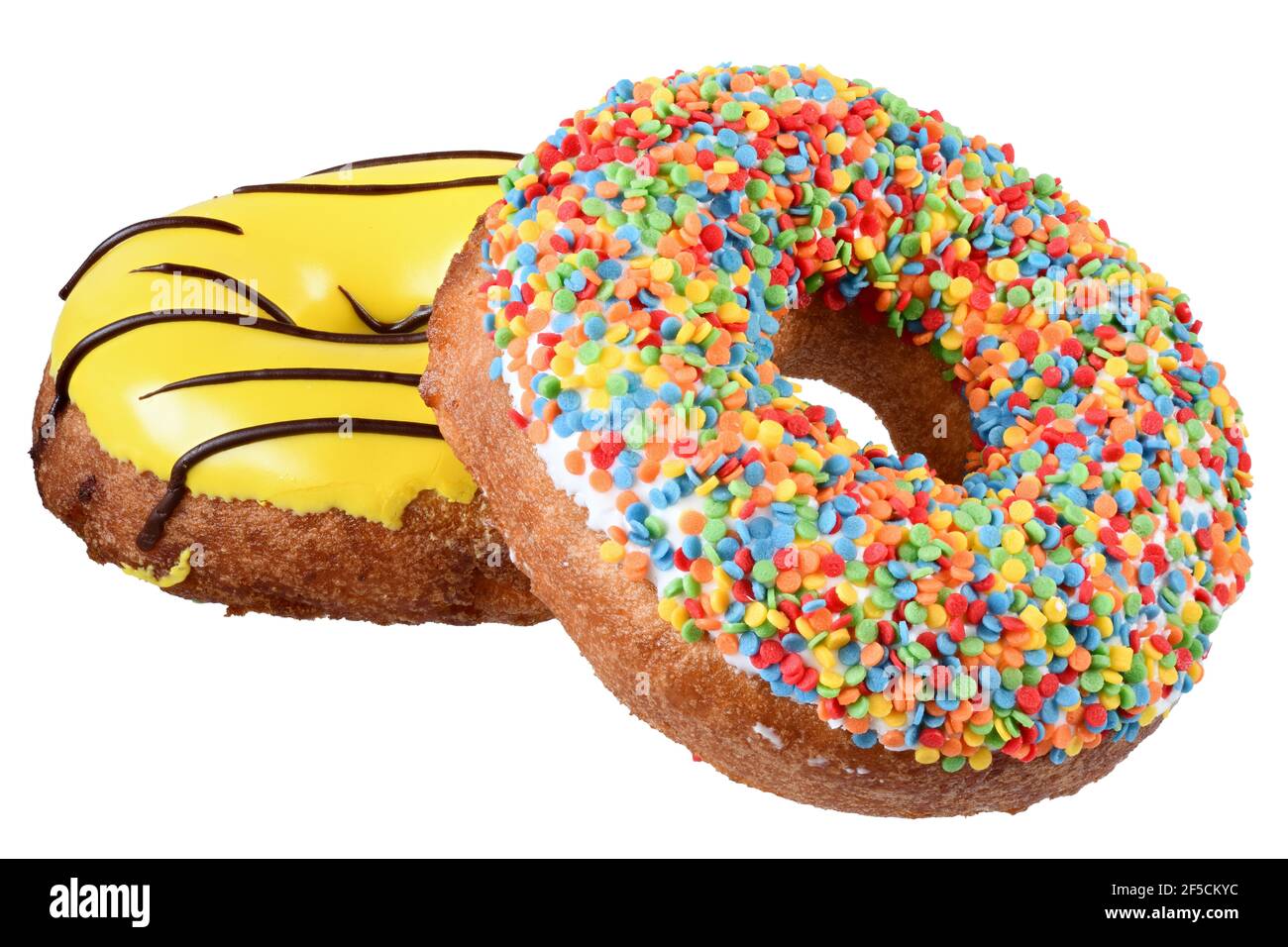 Two donut in a multicolored confectionery dressing isolated on a white ...