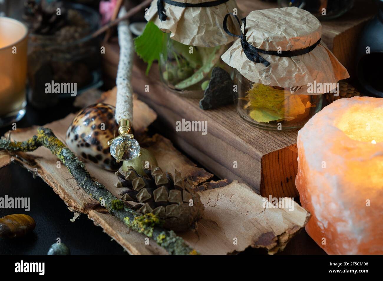 Magic wand with a crystal surrounded by pagan witchy objects Stock ...