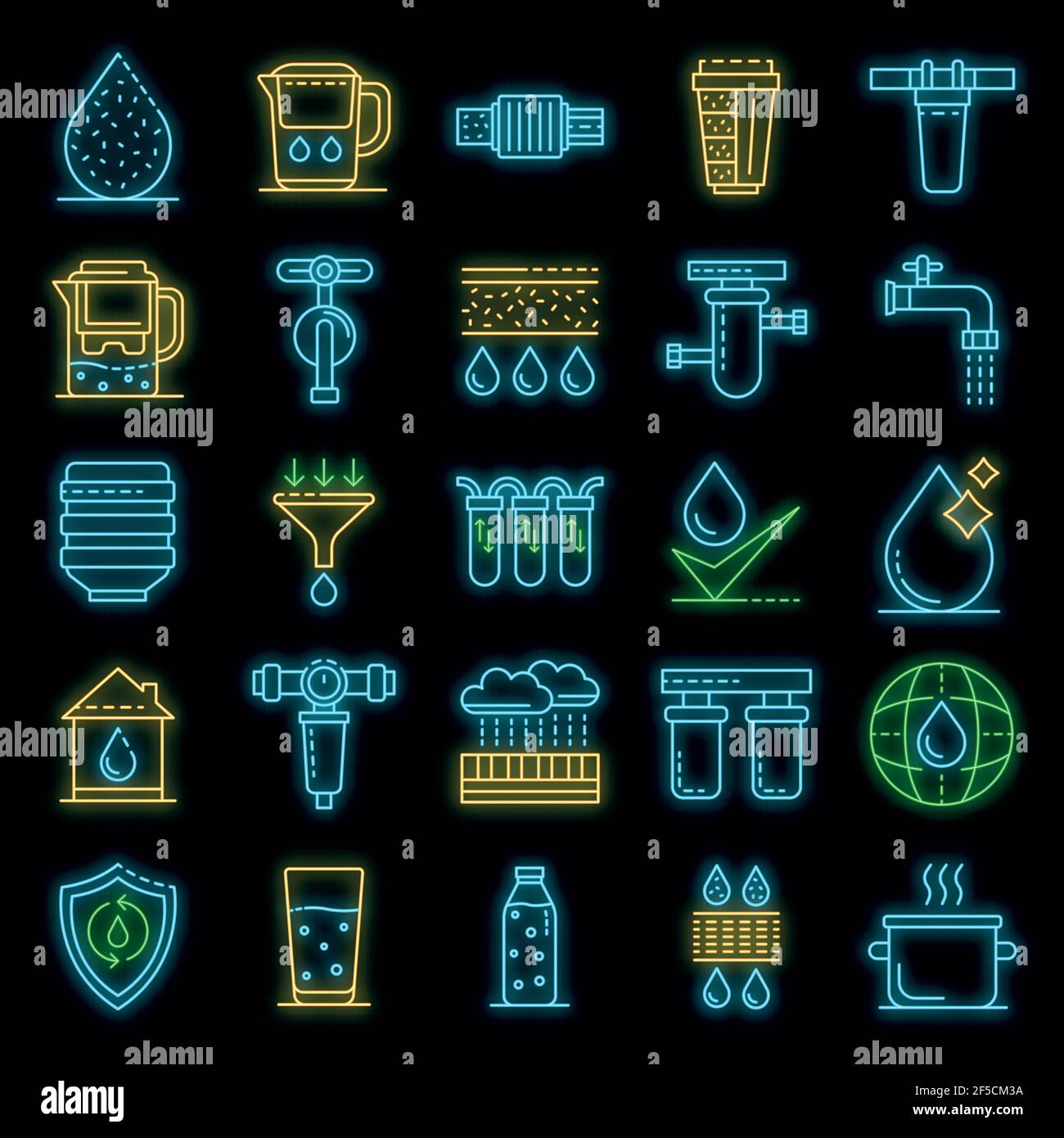 Filter water icons set. Outline set of filter water vector icons neon ...