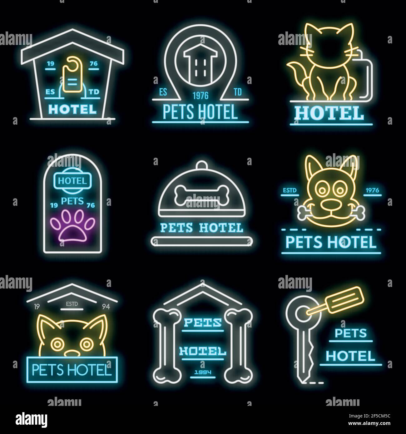 Pets hotel icons set. Outline set of pets hotel vector icons neon color ...