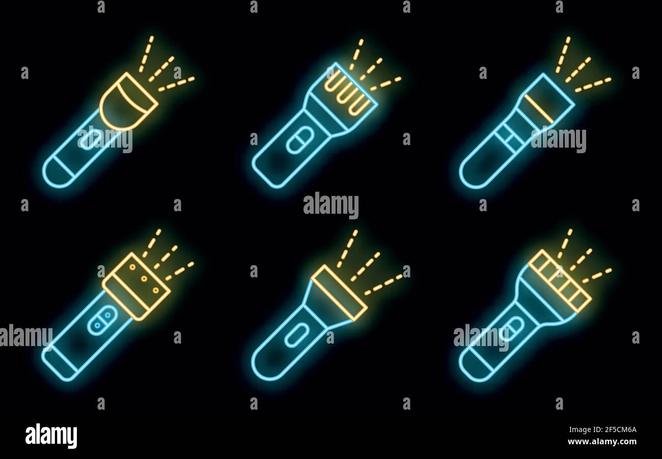 Flashlight icons set. Outline set of flashlight vector icons neon color ...