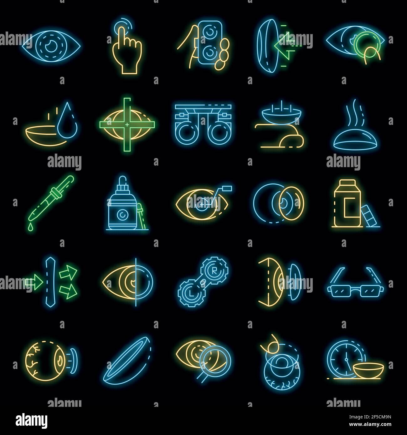 Contact lens icons set. Outline set of contact lens vector icons neon ...