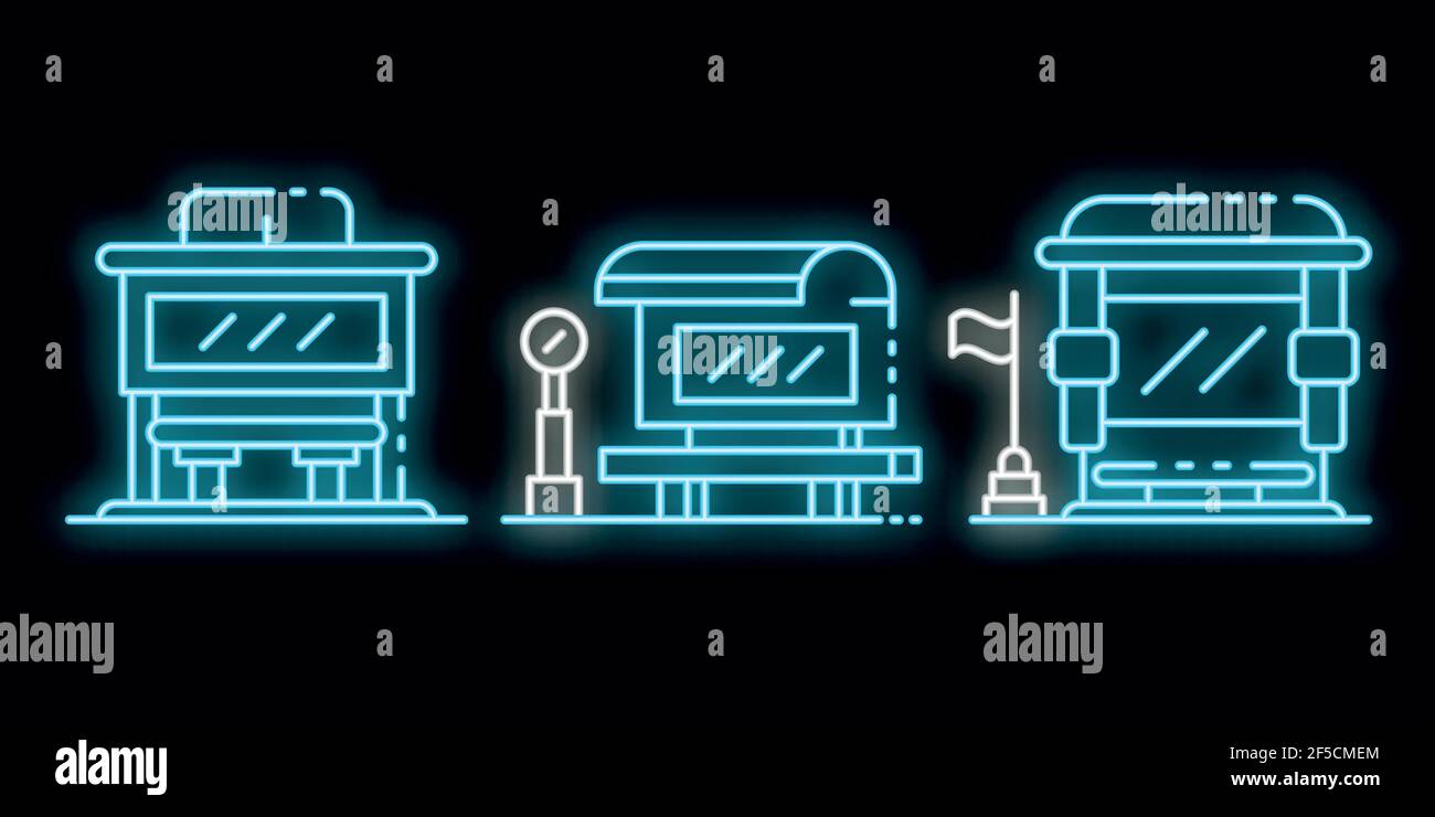 Bus stop icons set. Outline set of bus stop vector icons neon color on ...