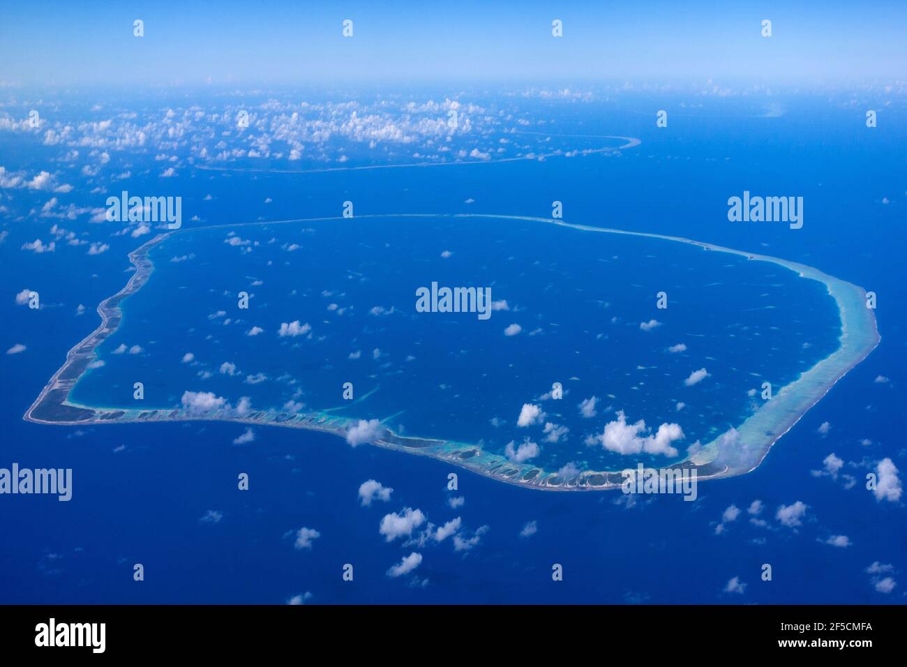 Aerial view of a coral atoll in French Polynesia in the South Pacific ...