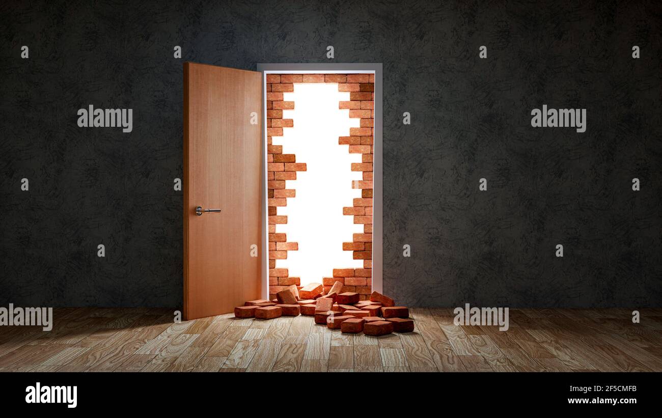 Break brick wall with opening door, freedom concept Stock Photo - Alamy