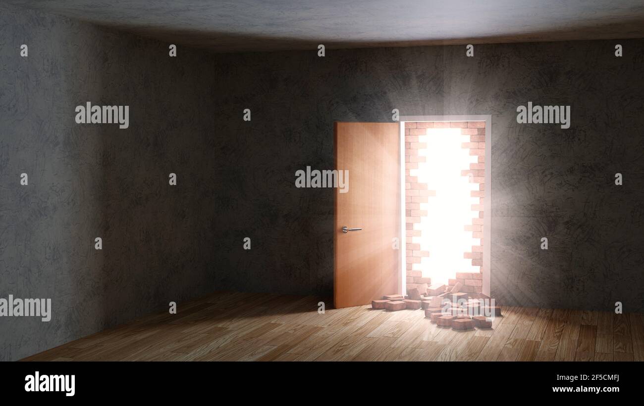 Light and particles in a dark room through a break brick wall with ...