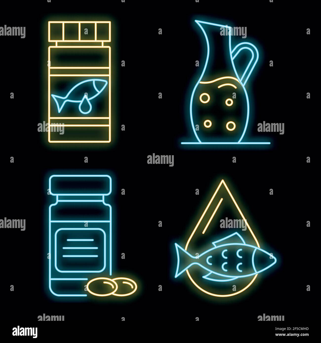Fish oil icons set. Outline set of fish oil vector icons neon color on ...