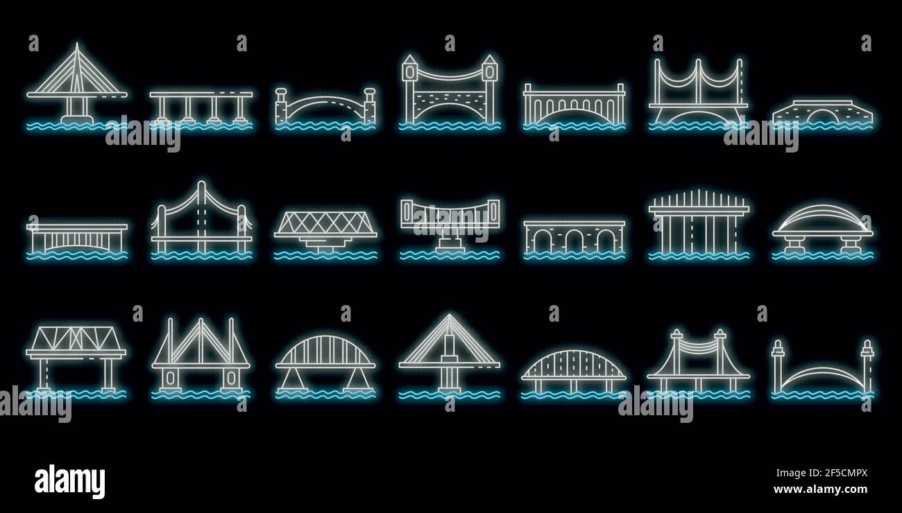 Bridges icons set. Outline set of bridges vector icons neon color on ...