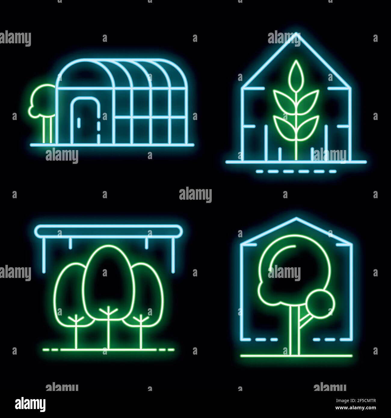 Greenhouse icons set. Outline set of greenhouse vector icons neon color ...