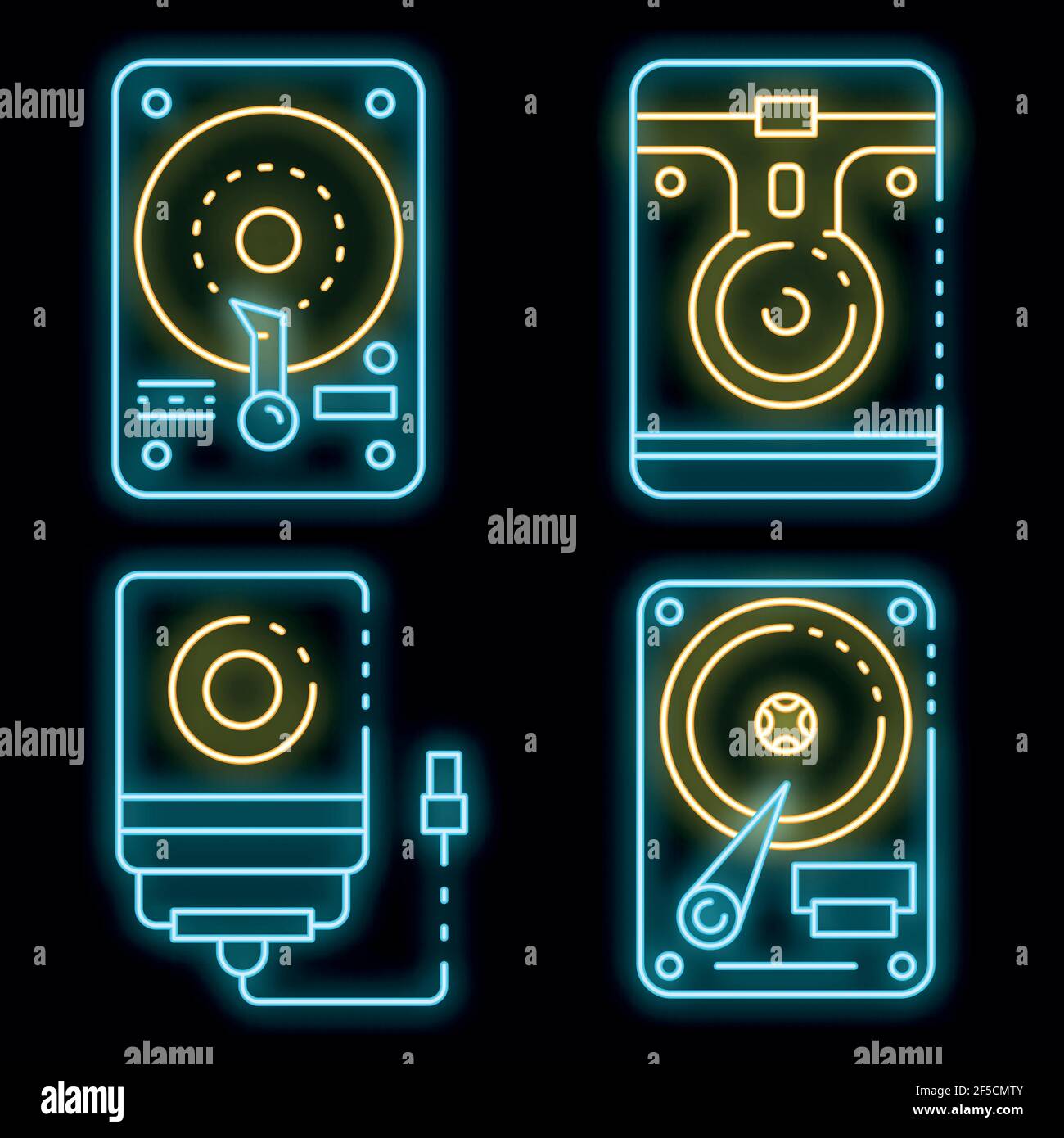 Hard disk icons set. Outline set of hard disk vector icons neon color ...