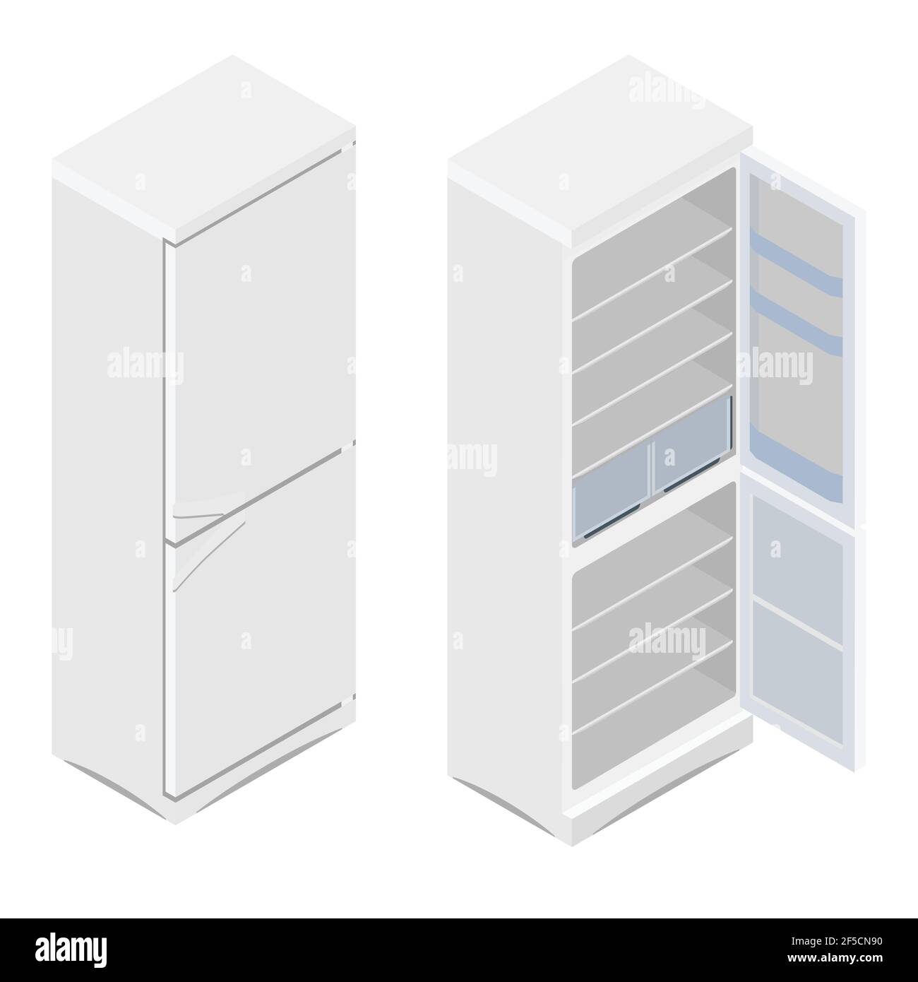 Vector illustration isometric grey empty refrigerator. Refrigerator or ...