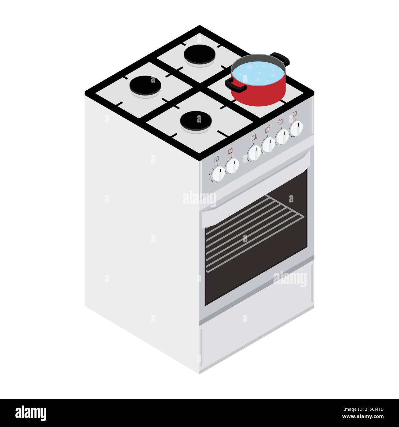 Food preparation. Boiling water in red pan, cooking pot on gas oven ...