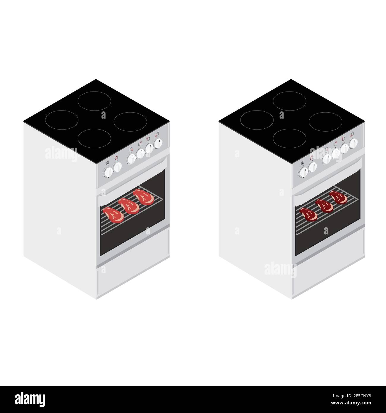 Food preparation. Grilled steaks in electric oven isometric view ...