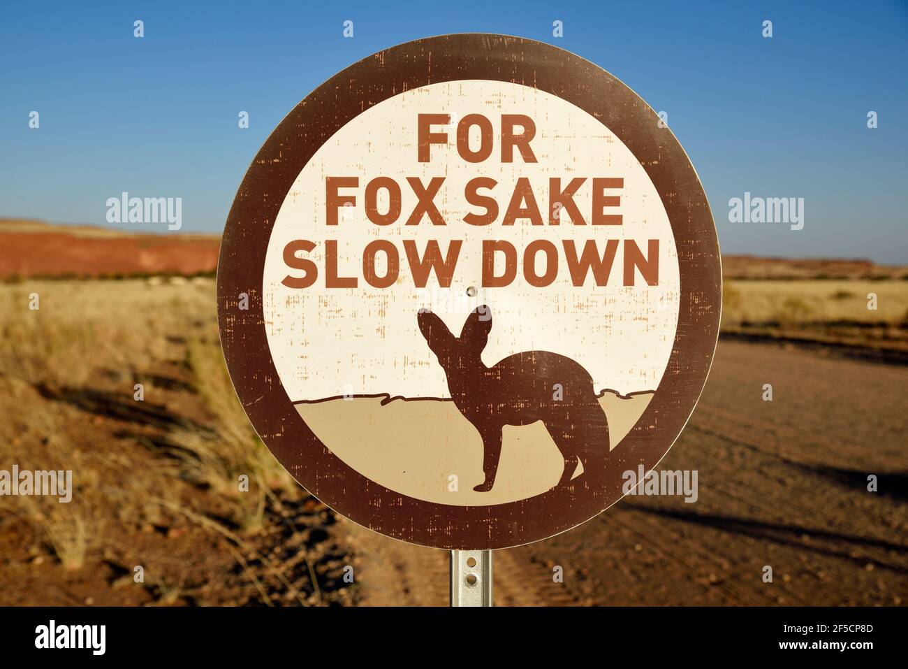 geography / travel, Namibia, sign "For Fox Sake Slow Down" (Otocyon ...