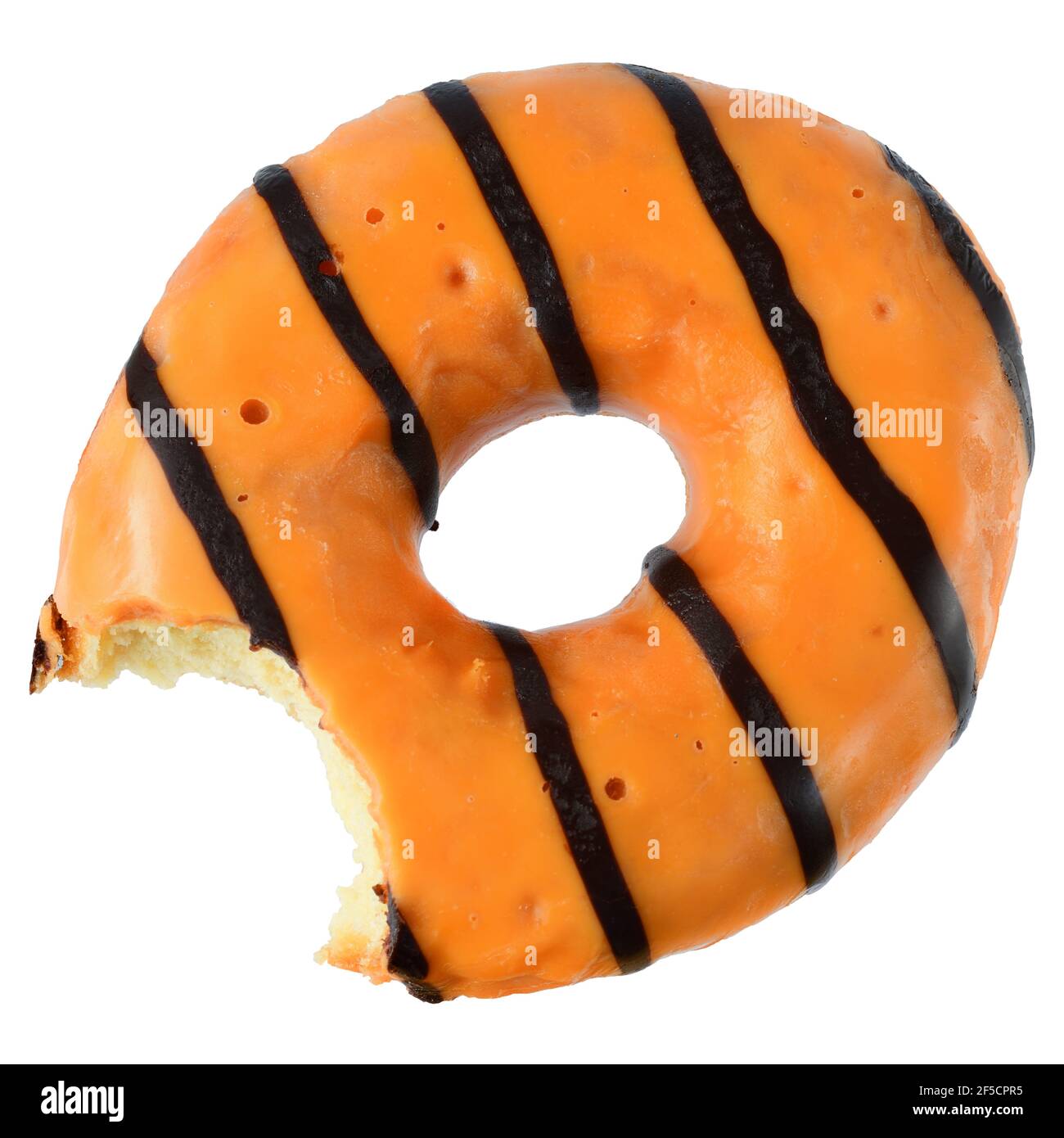 Orange donut covered with pink icing Isolated on white background. Top ...