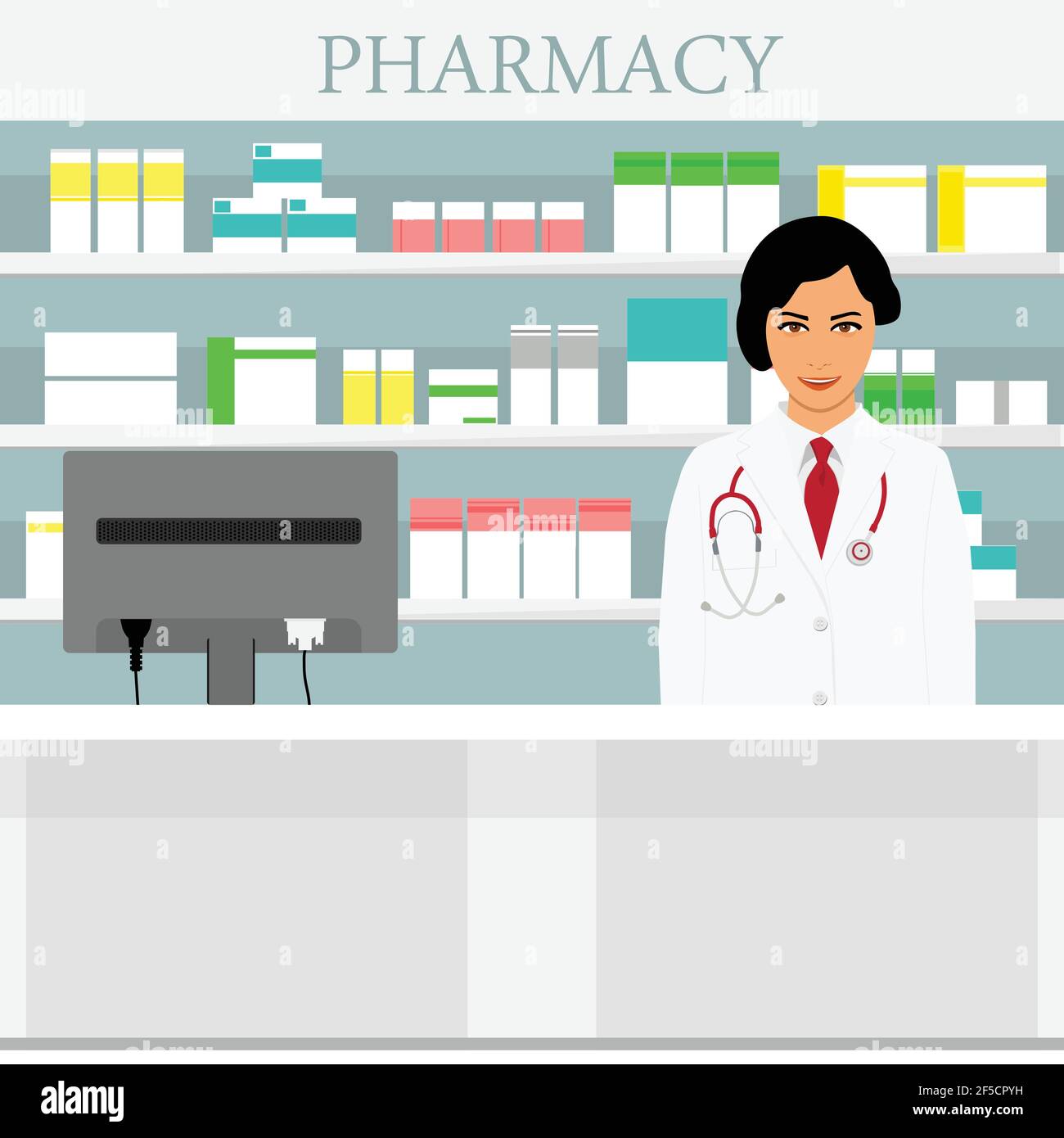 Woman pharmacist in pharmacy or drugstore. Vector illustration Stock ...